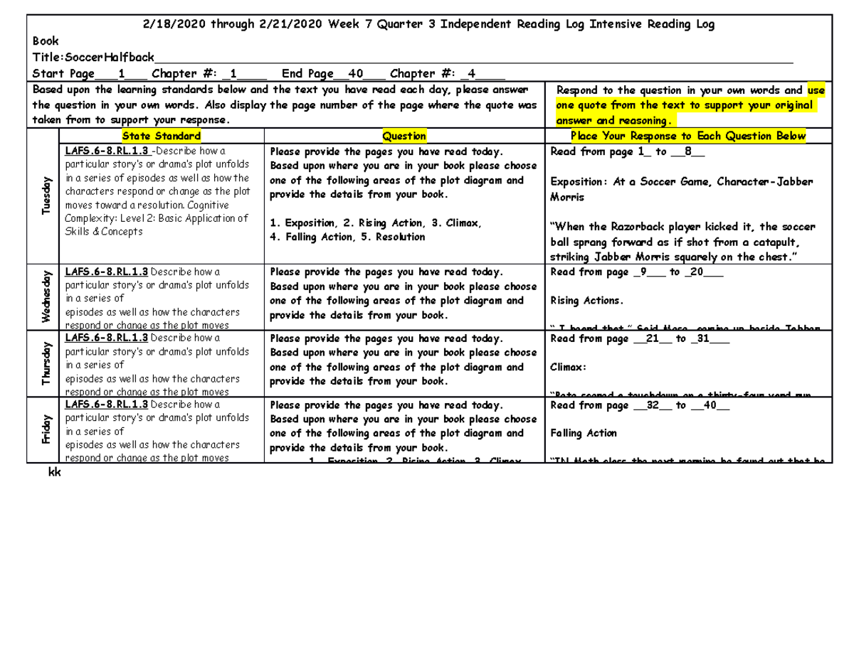 Reading Log week 7 - 2/18/2020 through 2/21/2020 Week 7 Quarter 3 ...