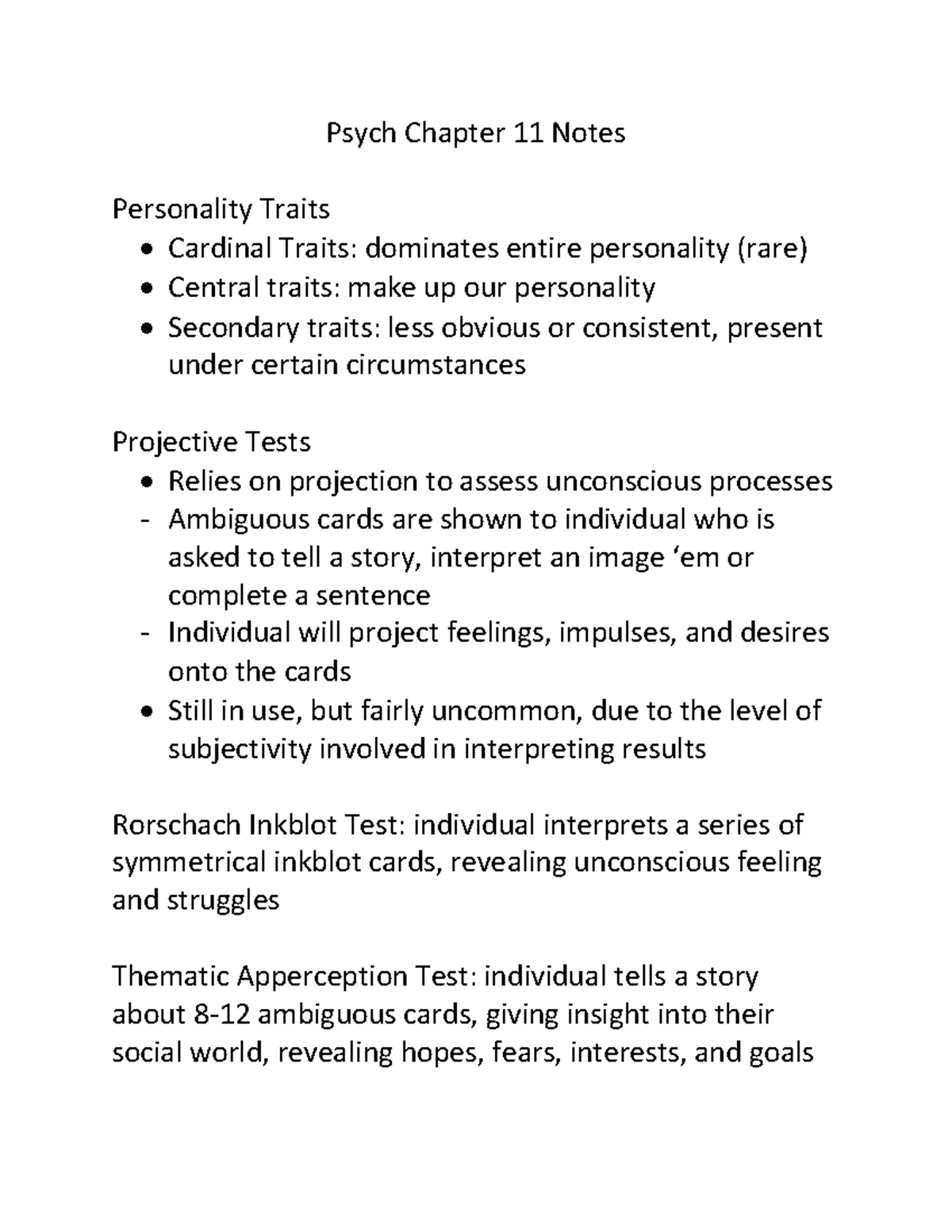 Psych Chapter 11 Notes - Psych Chapter 11 Notes Personality Traits ...