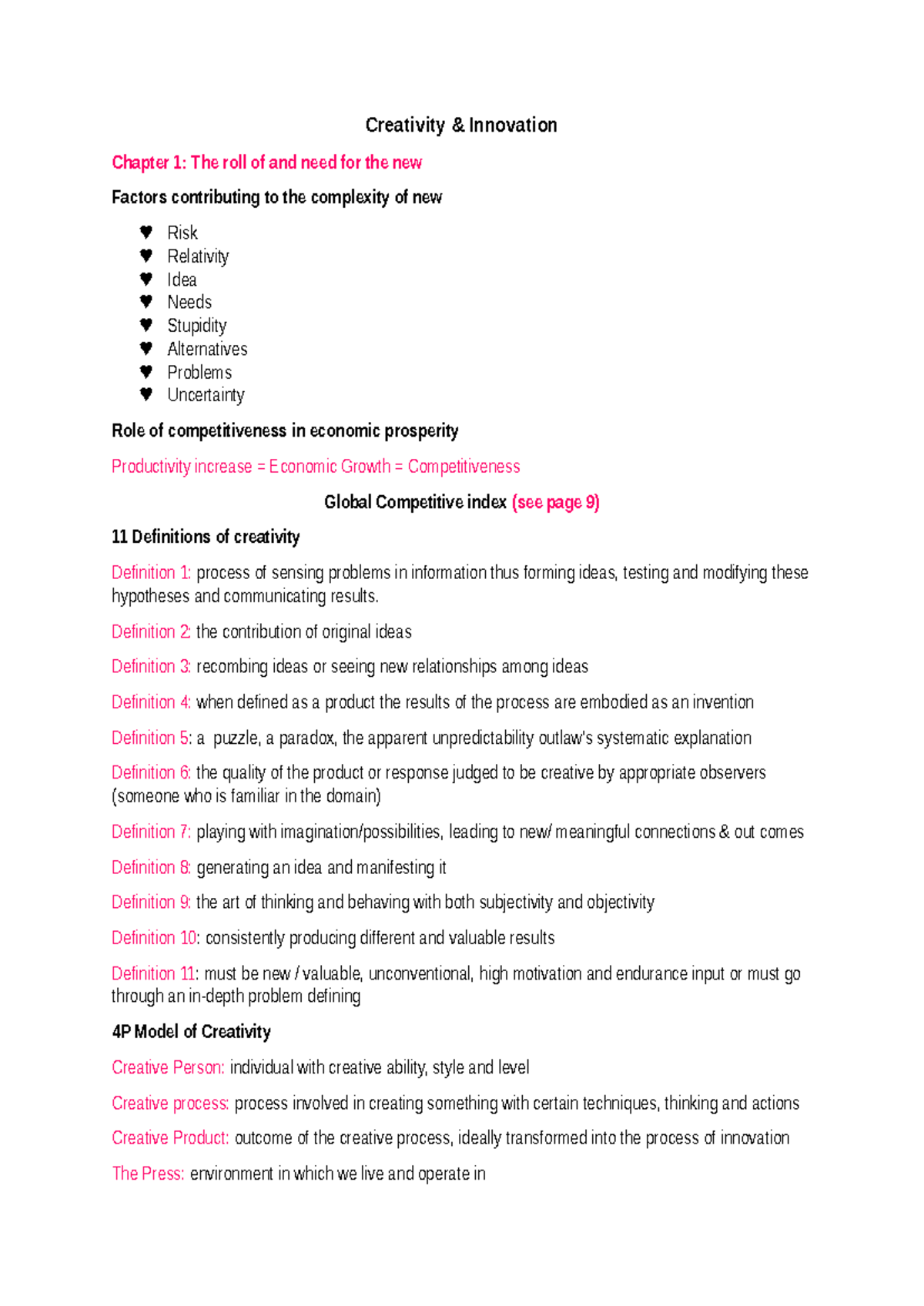 Creativity and Innovation Chapter 1 and 2 - Creativity & Innovation Chapter 1: The roll of and ...