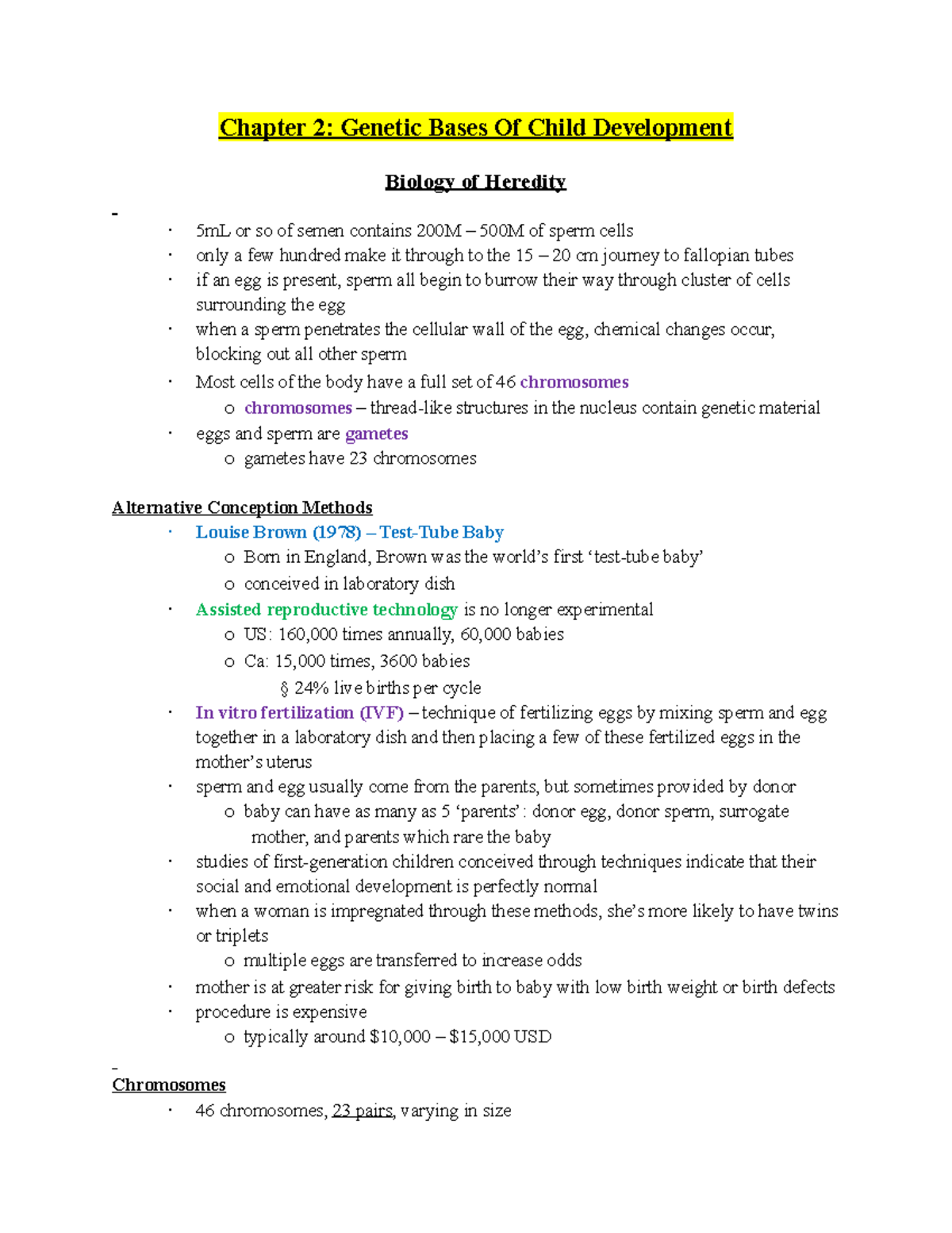Psychology 2040 – Chapter 2 Textbook Notes - Chapter 2: Genetic Bases ...