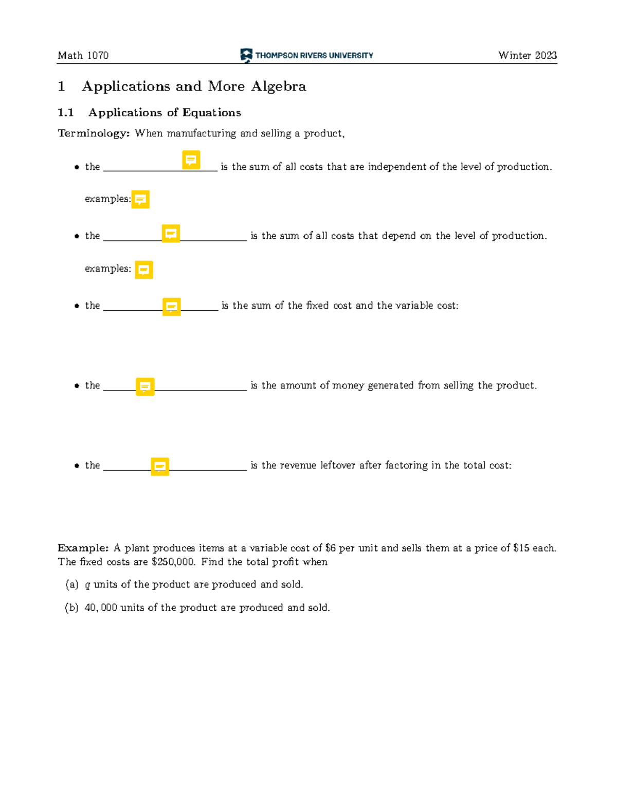 1.1 - Applications of Equations - 1 Applications and More Algebra 1 ...