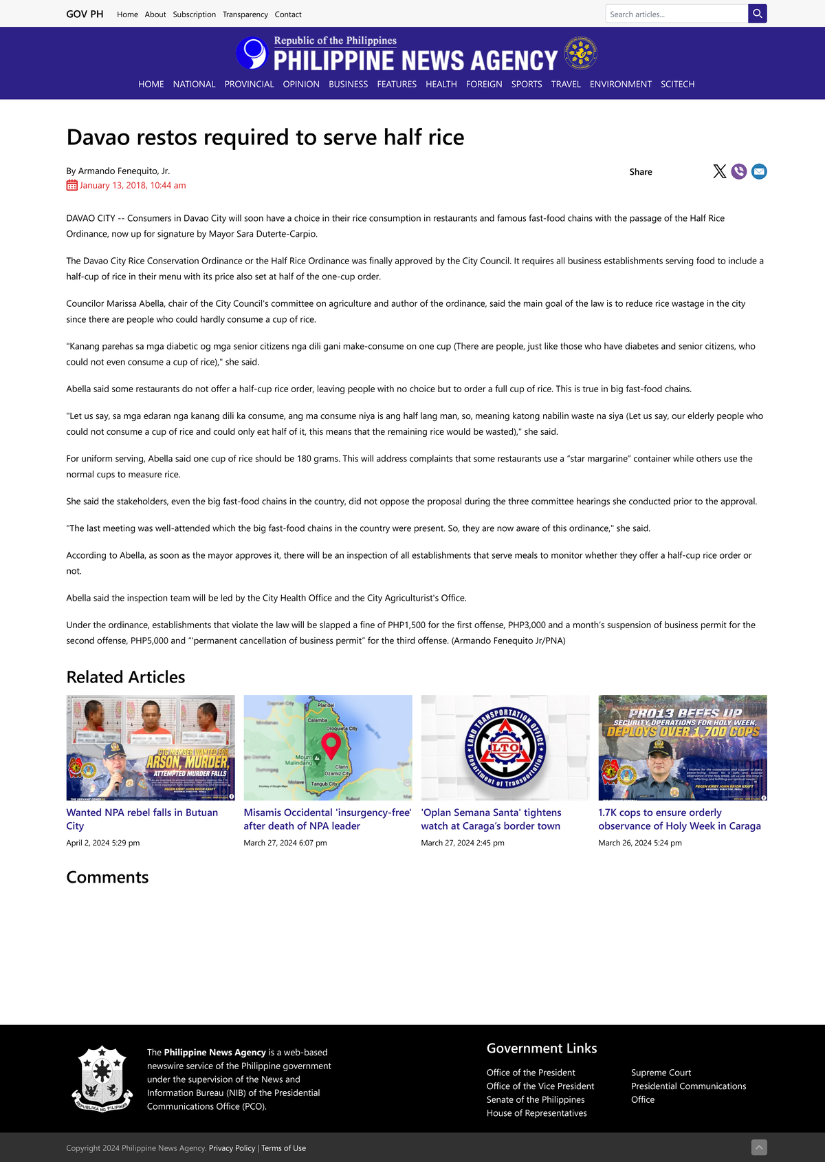 Davao restos required to serve half rice Philippine News Agency - GOV ...