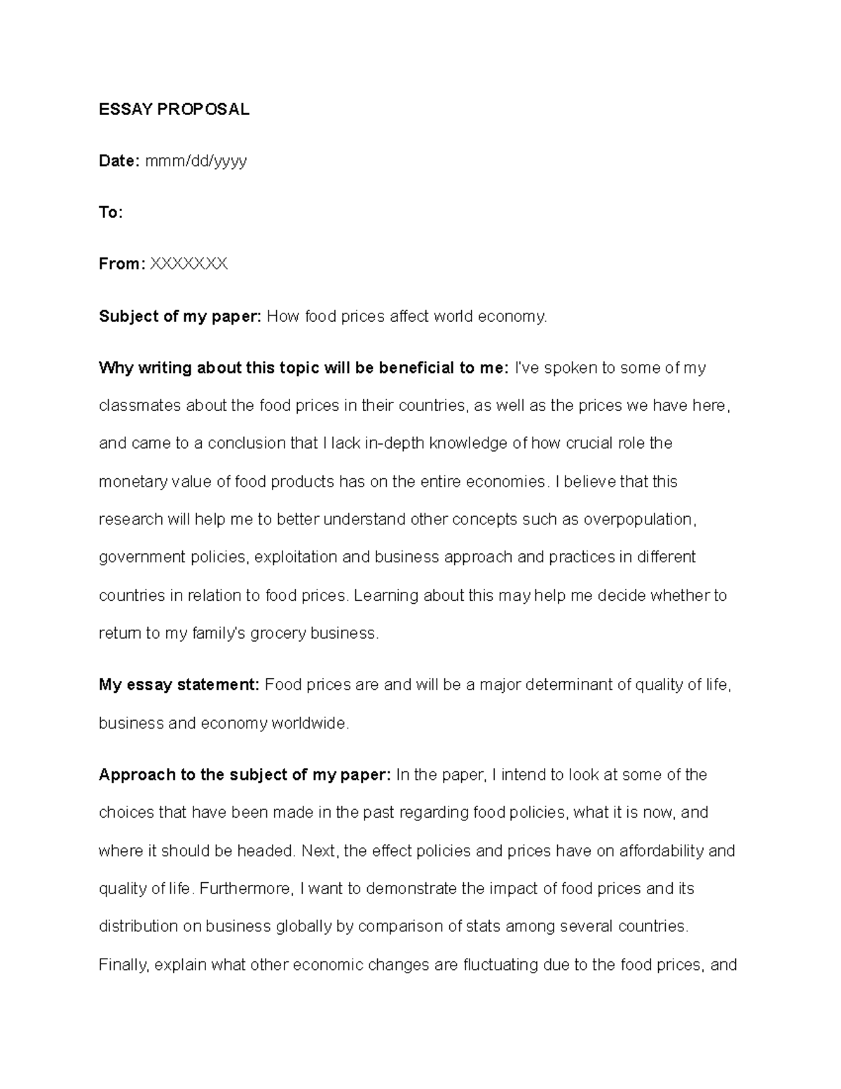 Essay Proposal sample - ESSAY PROPOSAL Date: mmm/dd/yyyy To: From ...