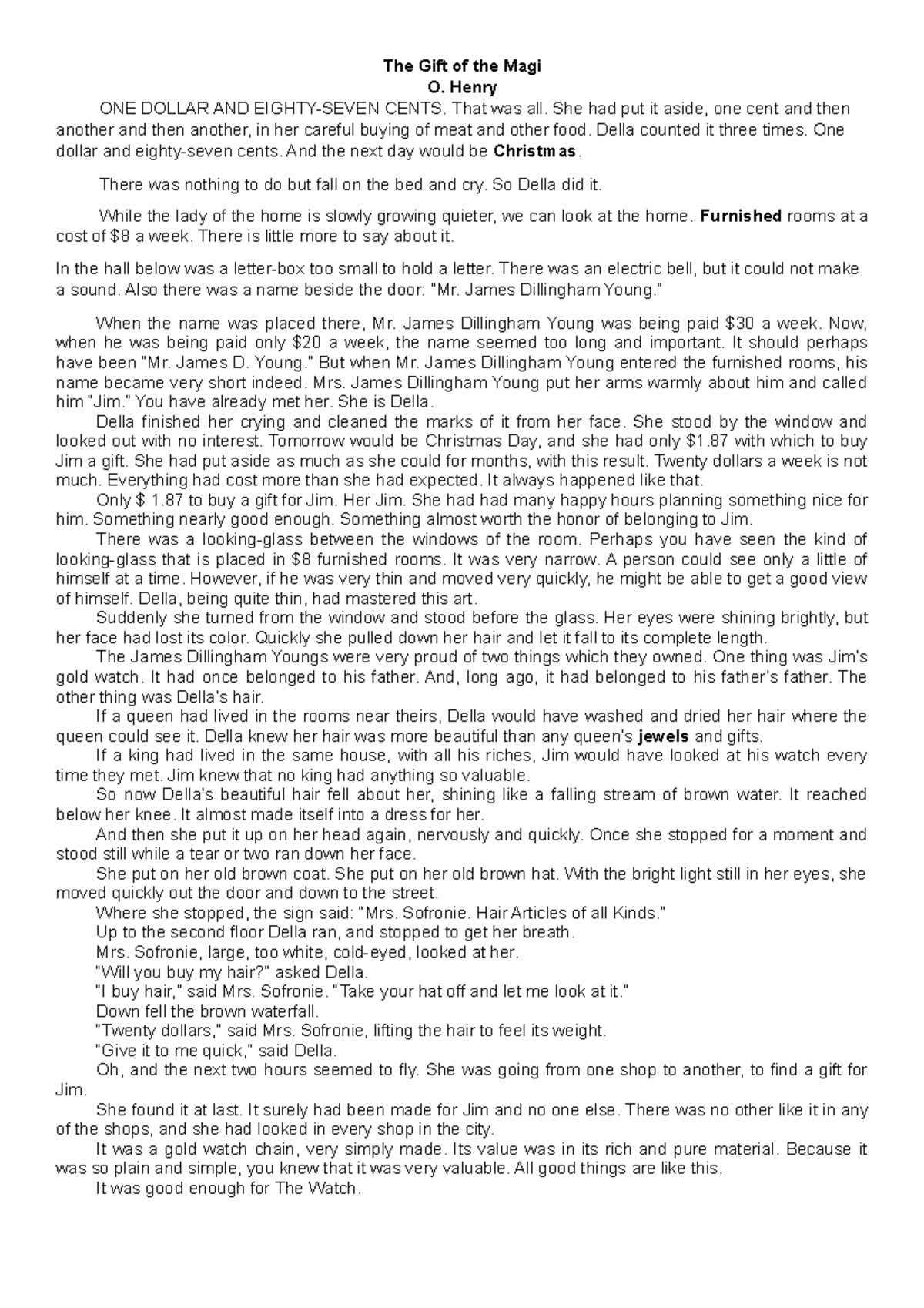 THE GIFT OF THE MAGI - The gift of the magi - The Gift of the Magi O ...