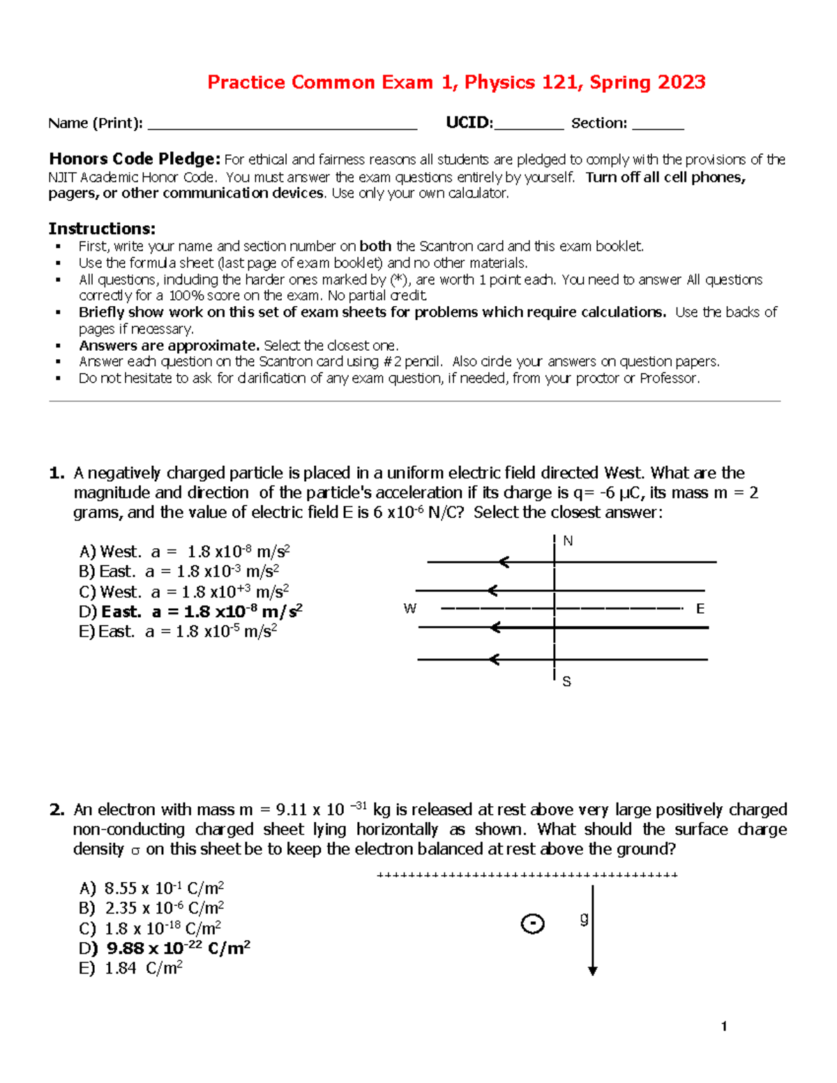 Practice Common Exam 1, Phys121, Spring 2023 - Practice Common Exam 1 ...