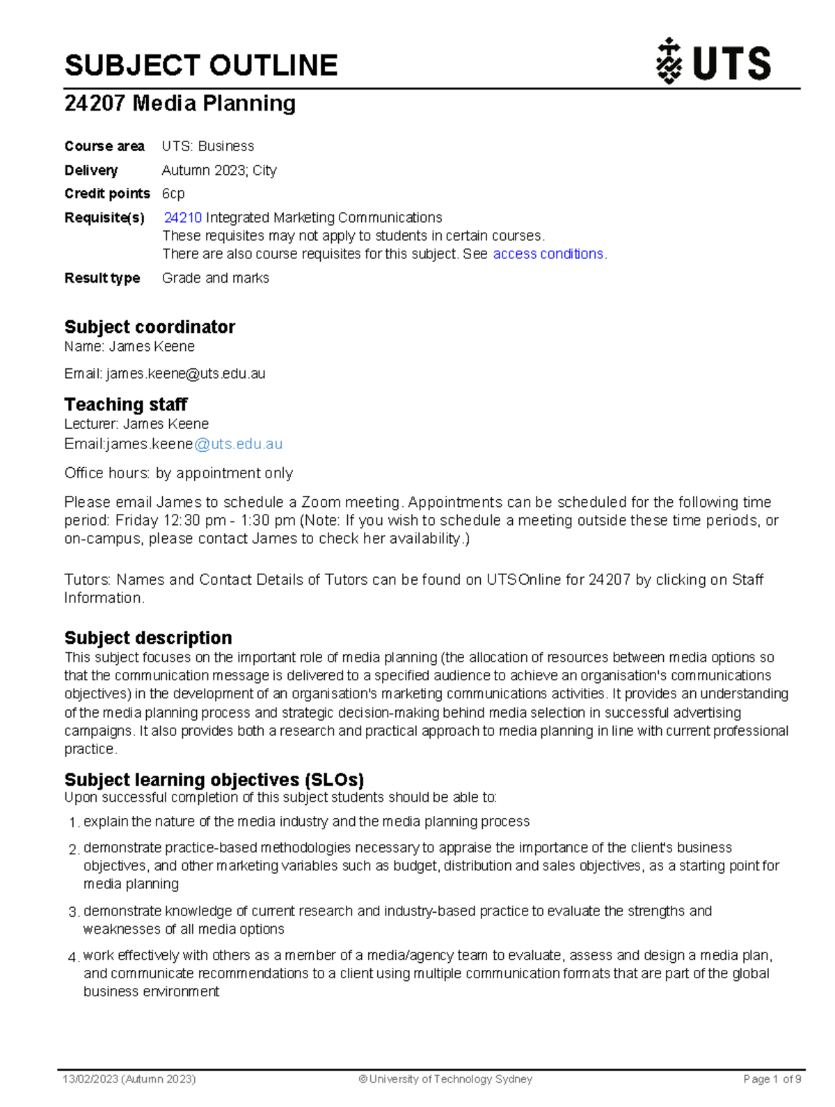 Media Planning subject outline - SUBJECT OUTLINE 24207 Media Planning ...