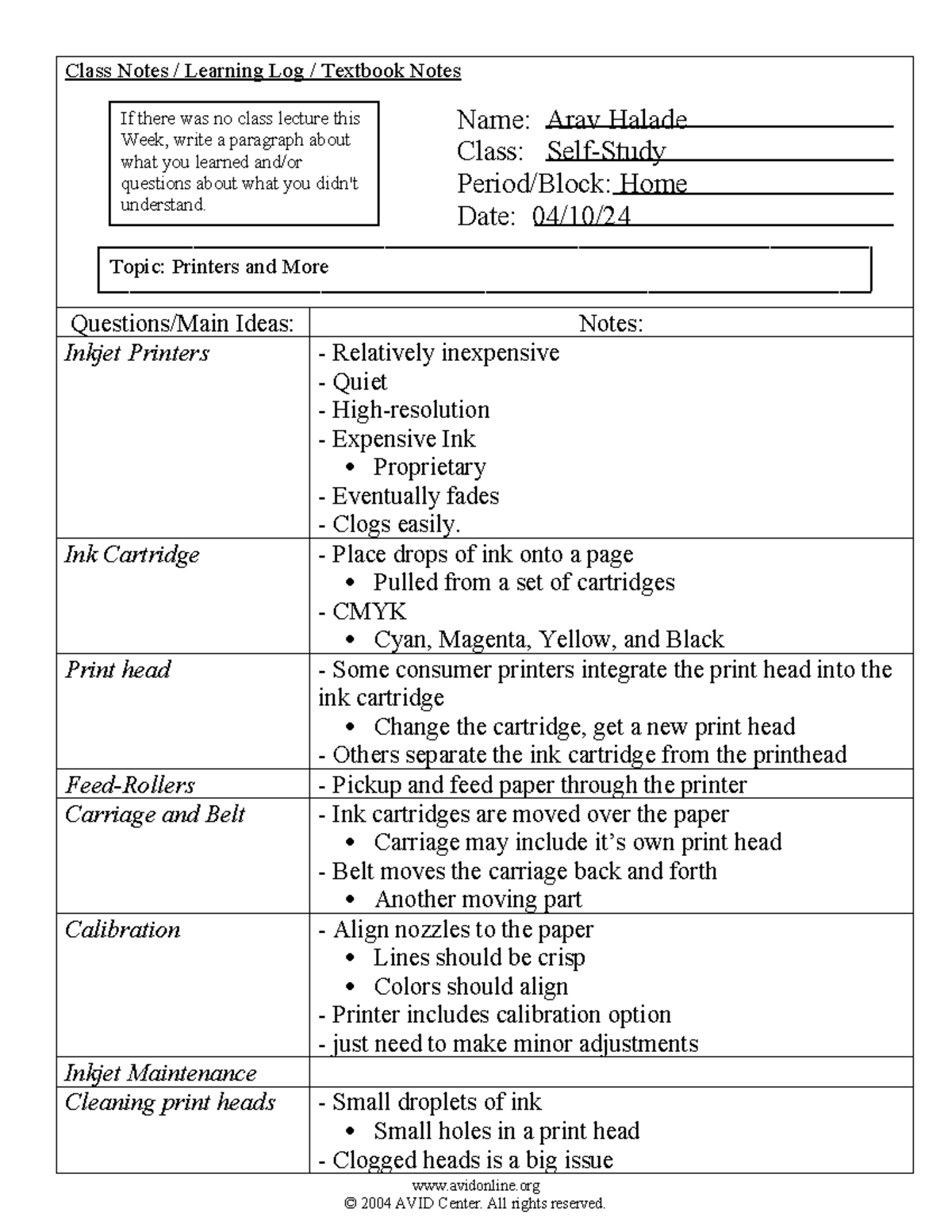 Printer Notes - Class Notes / Learning Log / Textbook Notes Questions ...