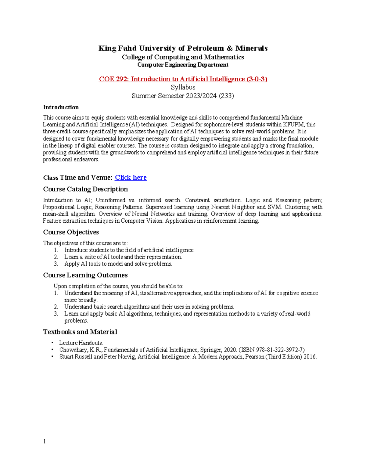 T233 COE 292 Syllabus - Solve - King Fahd University of Petroleum & Minerals College of - Studocu