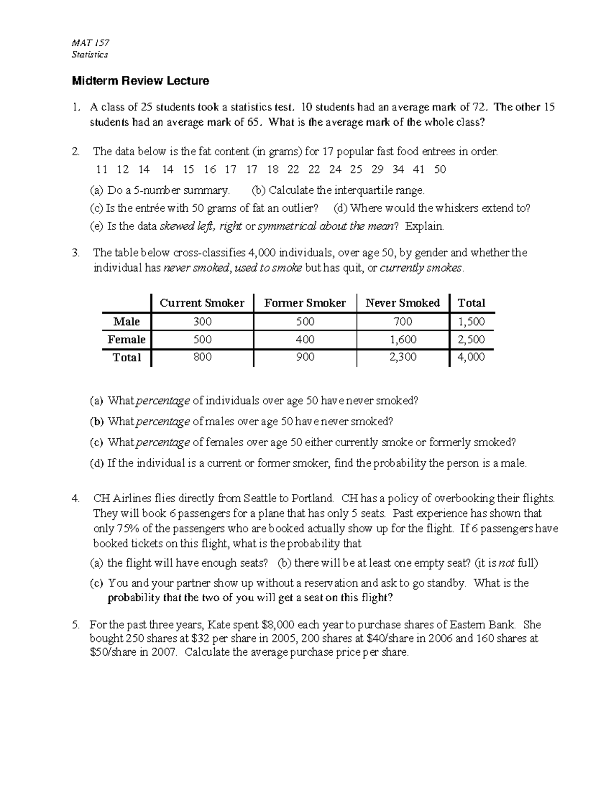 157 Midterm Extra Practice Questions - MAT 157 Statistics Midterm ...