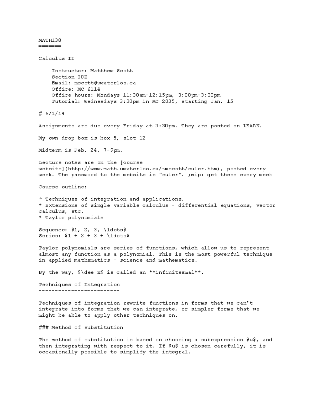 MATH138 Lecture Notes - MATH ======= Calculus II Instructor: Matthew ...