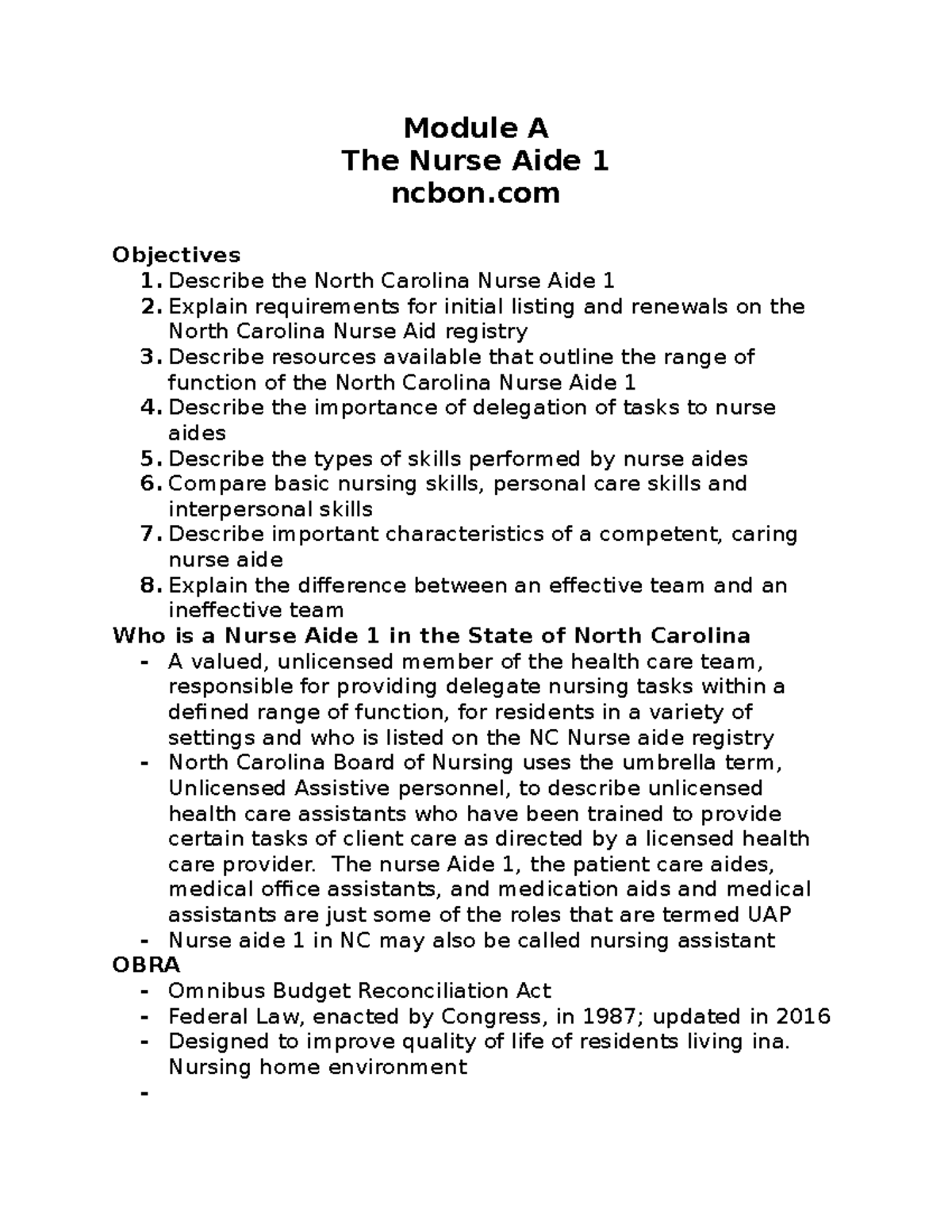 Module A Notes (second module) - Module A The Nurse Aide 1 ncbon ...