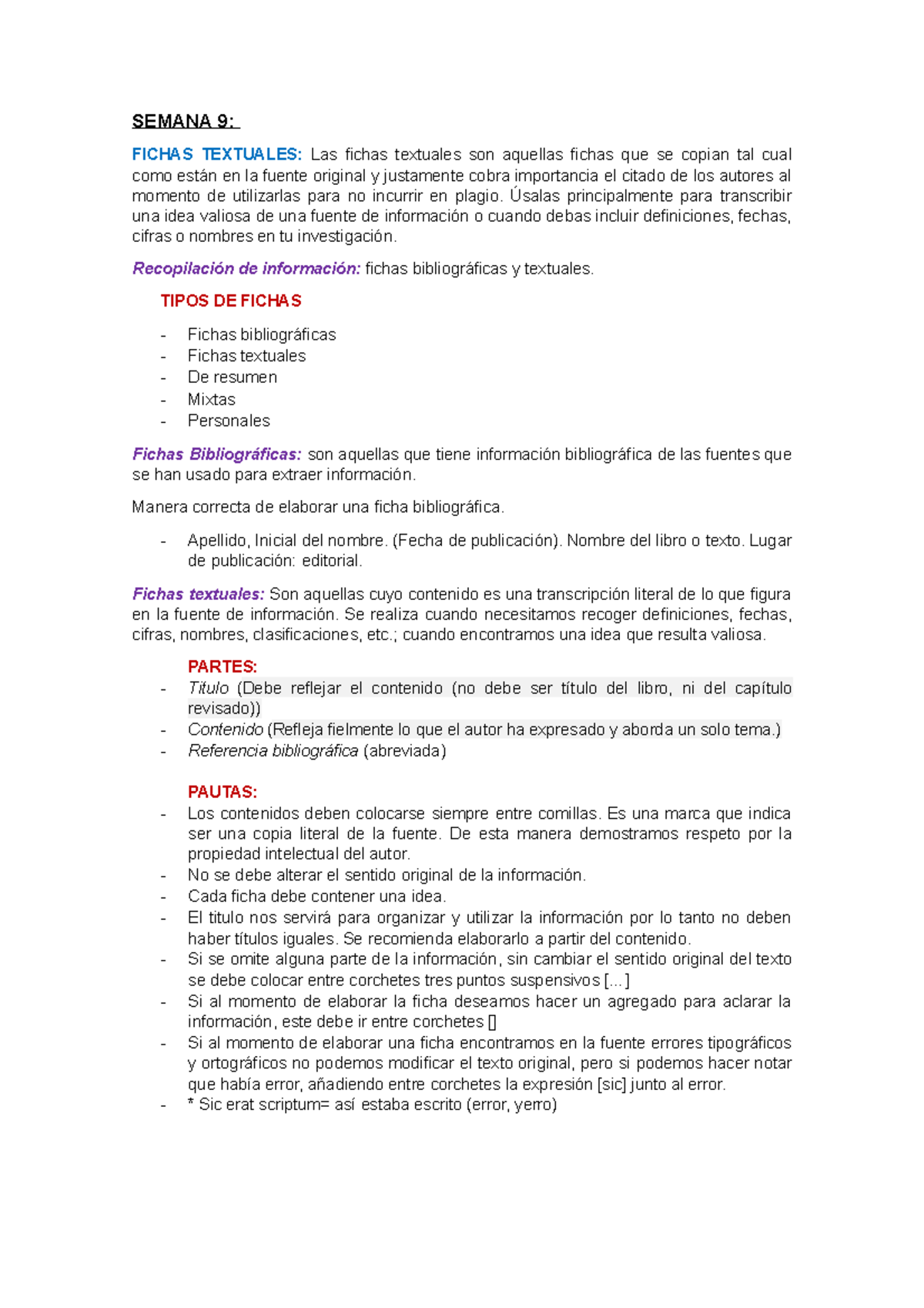 Clases - Notas - SEMANA 9: FICHAS TEXTUALES: Las fichas textuales son ...