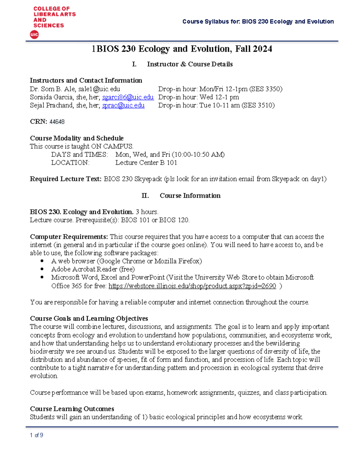 BIOS230 syllabus Fall2024 - 1 BIOS 230 Ecology and Evolution, Fall 2024 ...