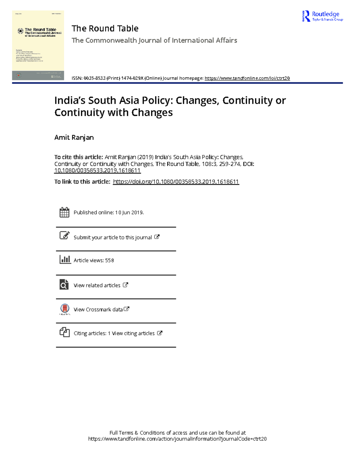 Amit Ranjan 2019 India s South Asia Policy Changes Continuity or Continuity with ChangesVV - Studocu