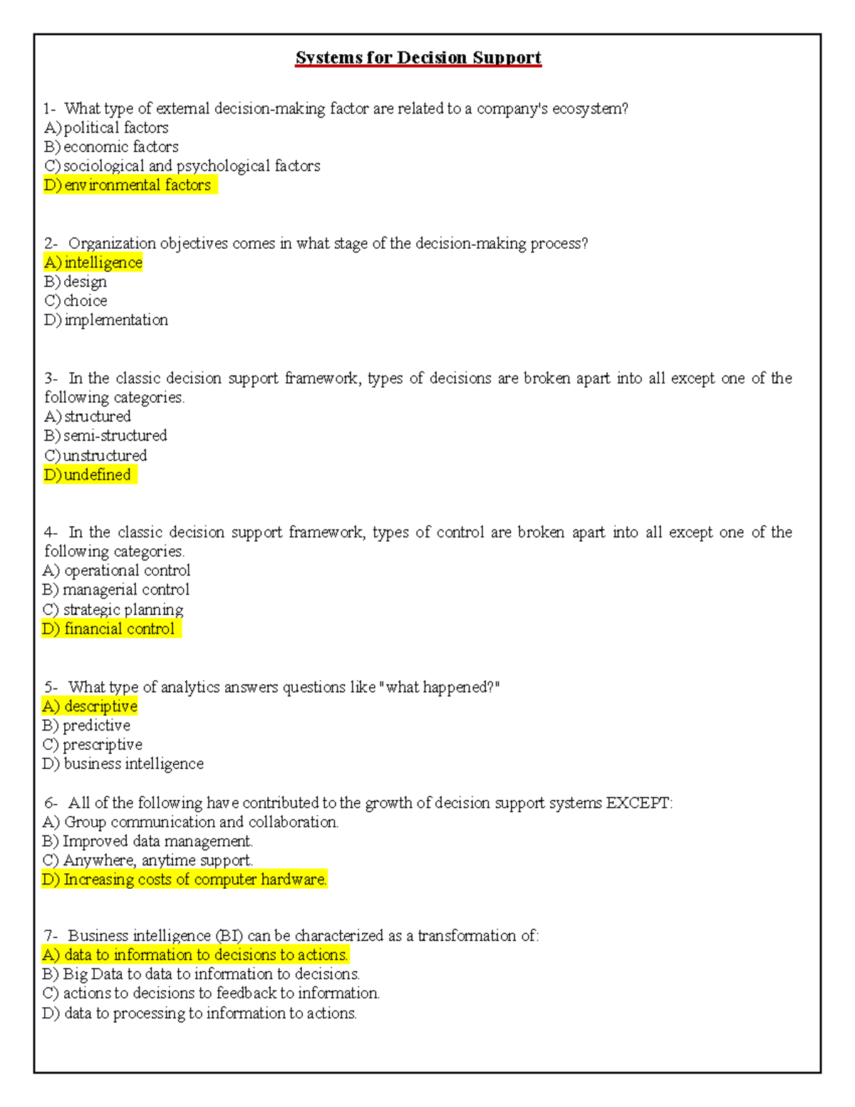 Sample Midterm Exam (Systems for Decision Support) - Systems for ...