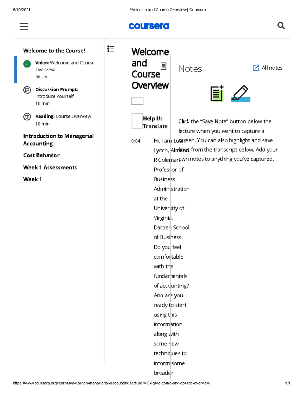 Welcome and Course Overview Coursera - 5/19/2021 Welcome and Course ...