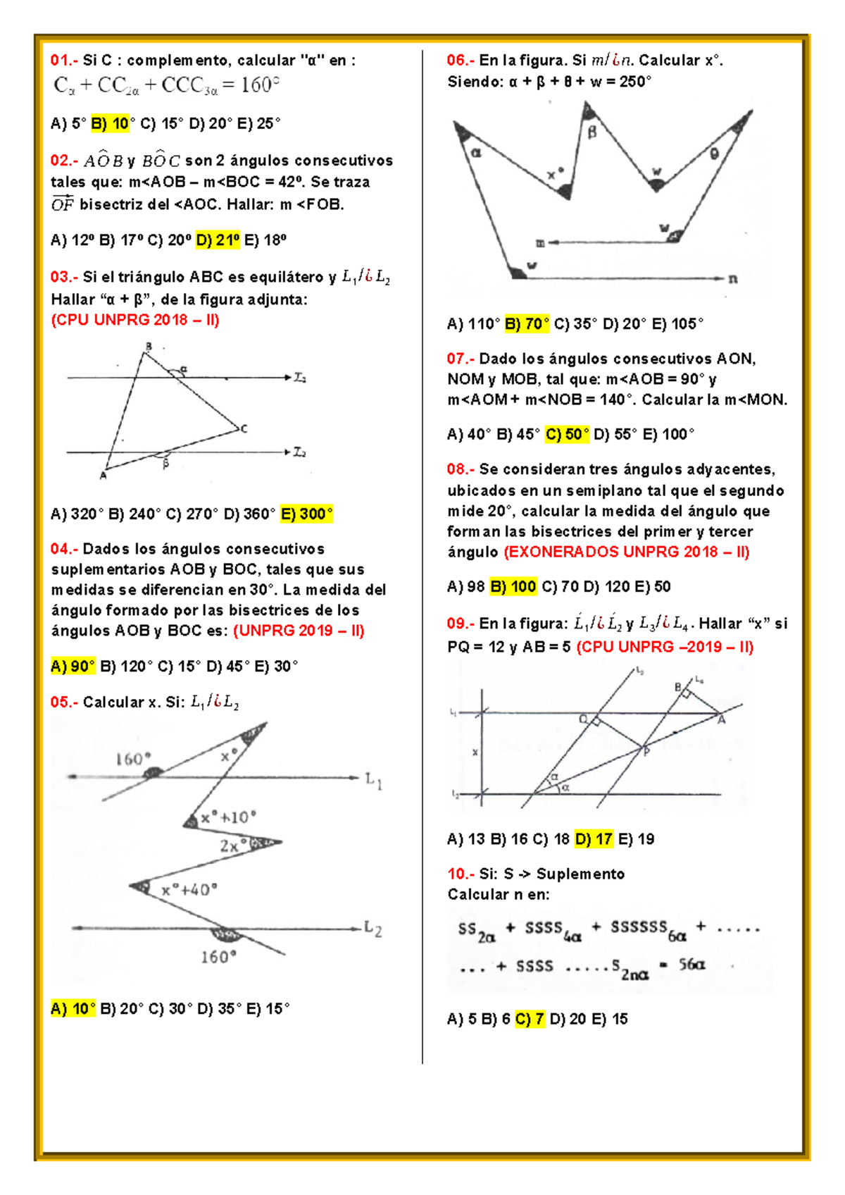 Examen Geometria PREU Semana 1 Ciclo 2024 II - 01 .- Si C : complemento ...