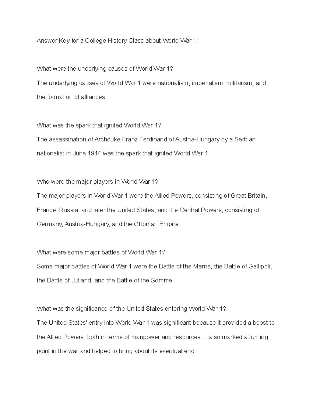 Answer Key for a College History Class about World War 1 - What was the ...