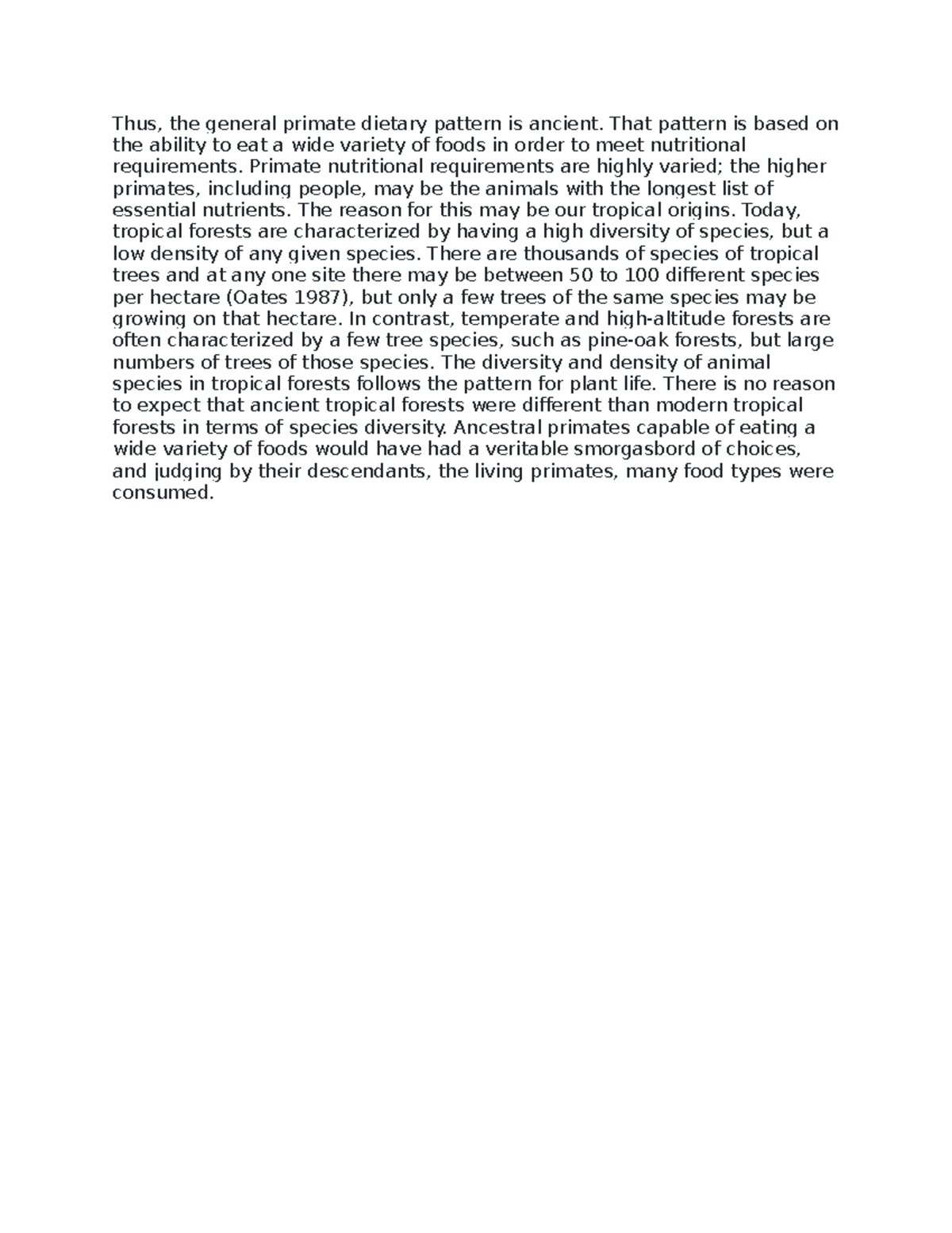 859 - essay written for bio - Thus, the general primate dietary pattern ...