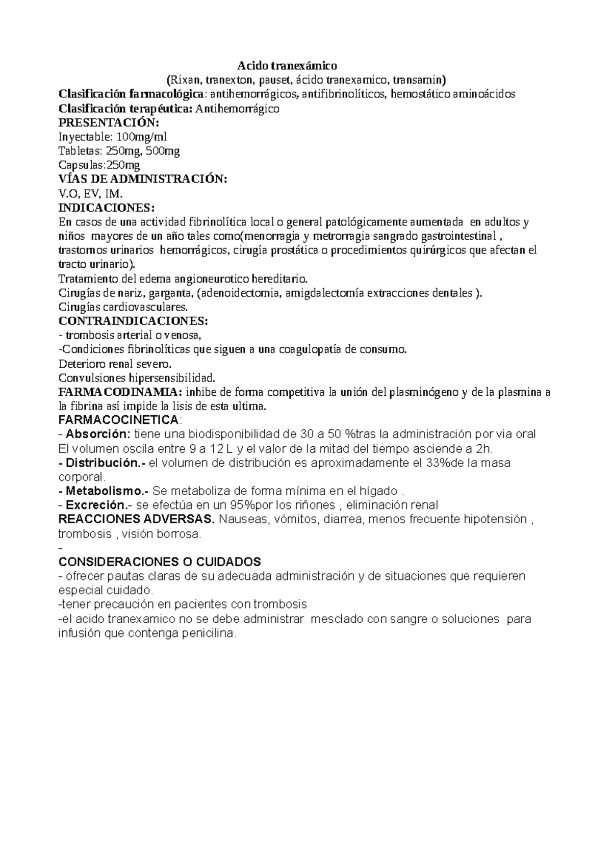Fichas farmacologicas rai - Acido tranexámico (Rixan, tranexton, pauset ...