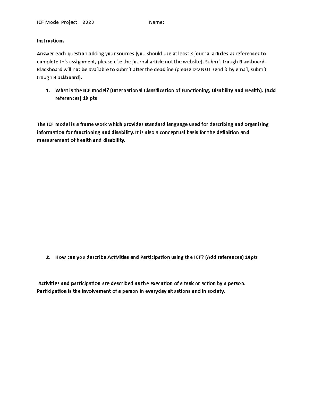 ICF Model Project - Instructions Answer each question adding your ...