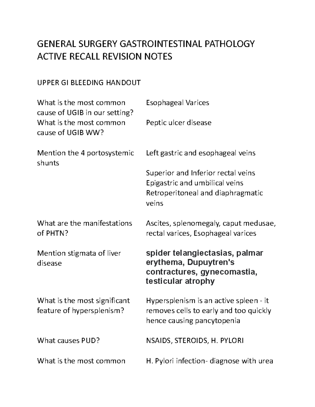 General Surgery Gastrointestinal Pathology Active Recall Revision Notes ...