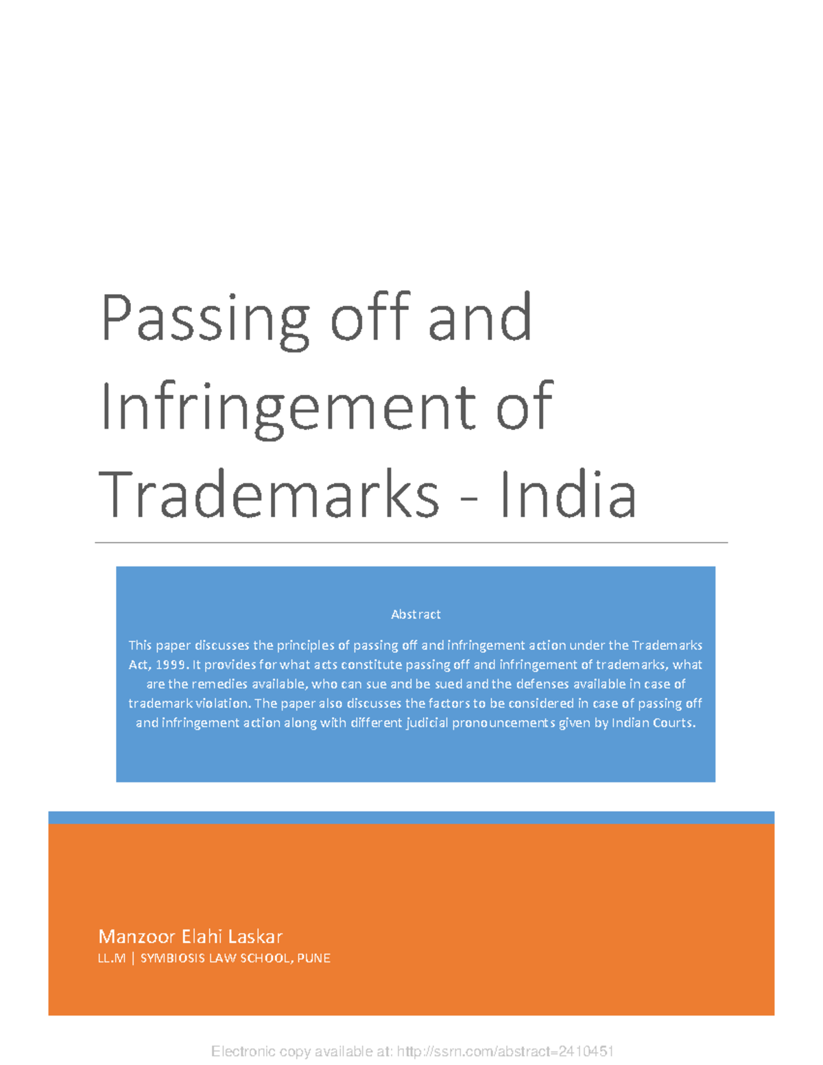 Passing off and Infringement - It provides for what acts constitute ...