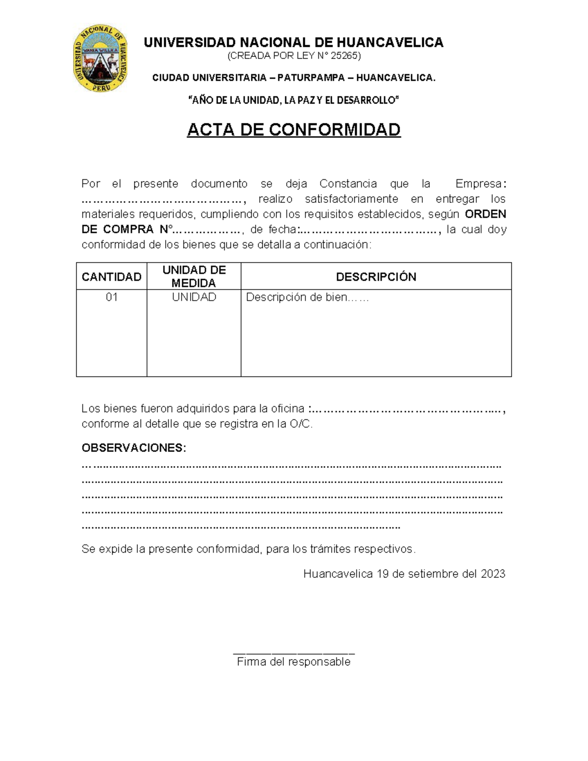 ACTA DE Conformidad ( Modelo) - UNIVERSIDAD NACIONAL DE HUANCAVELICA ...