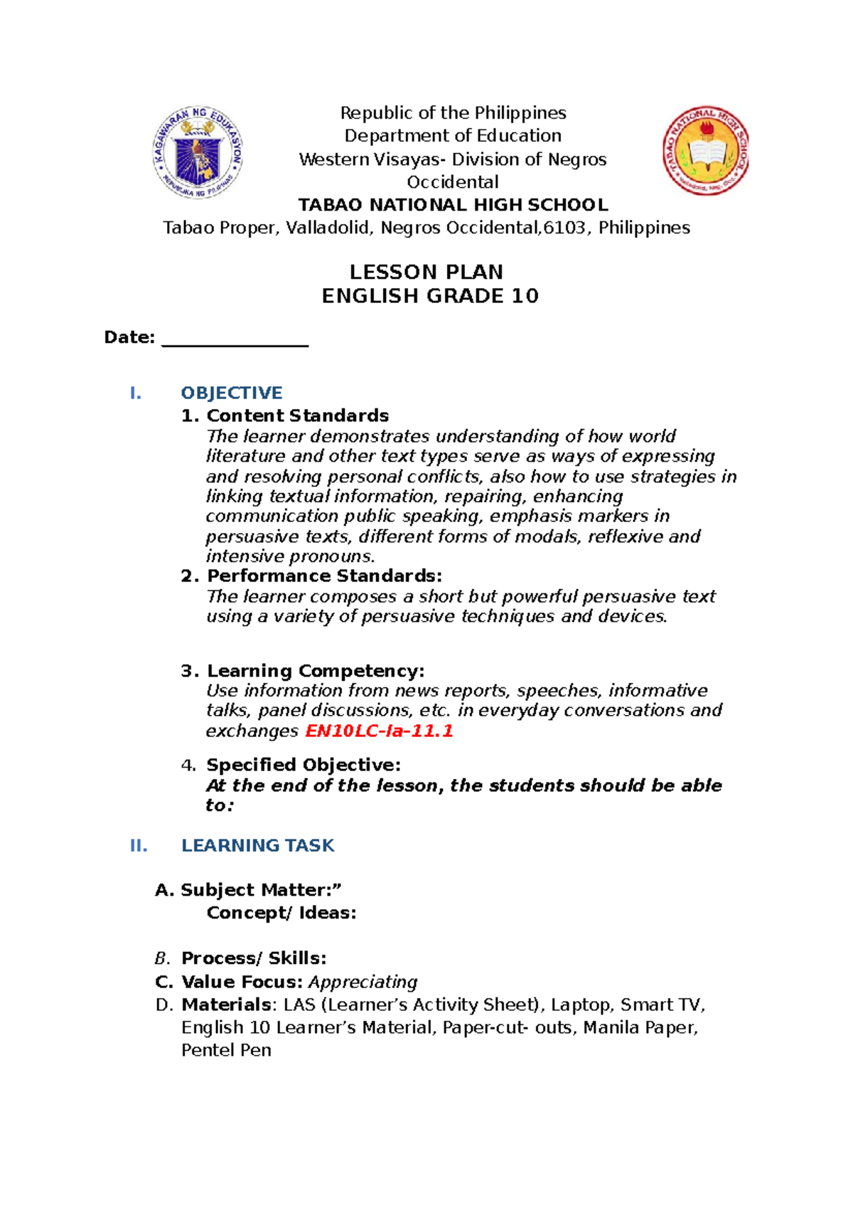 English 10- Lesson PLAN Format BY ANN - Republic of the Philippines ...