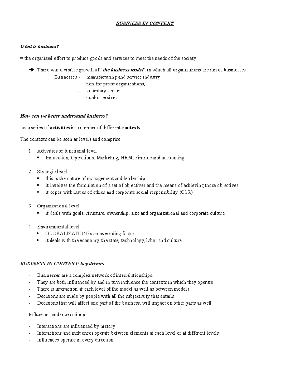 Business in context - Chapter 1 summary - BUSINESS IN CONTEXT What is ...
