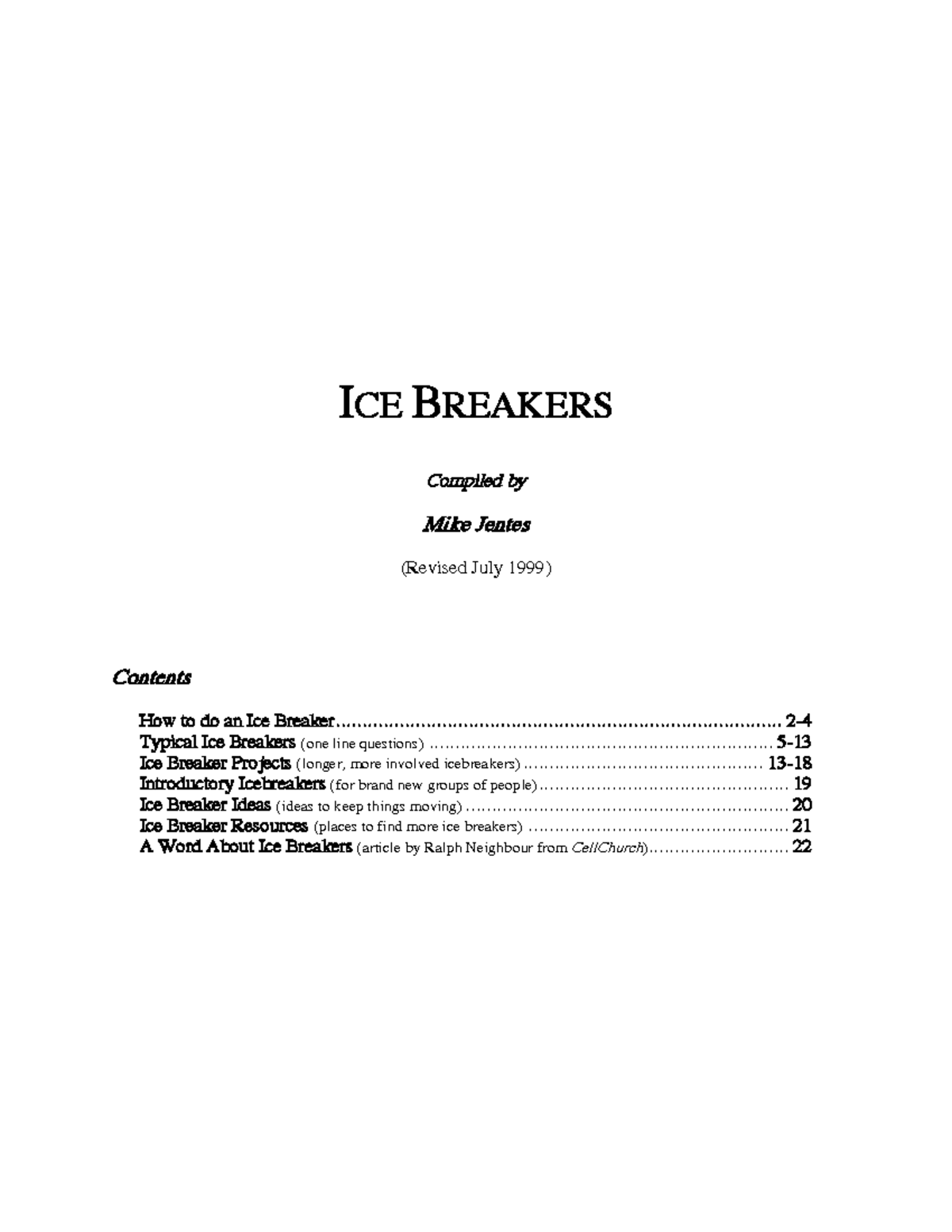 Icebreakers - Okay - ICE BREAKERS Compiled by Mike Jentes (Revised July ...