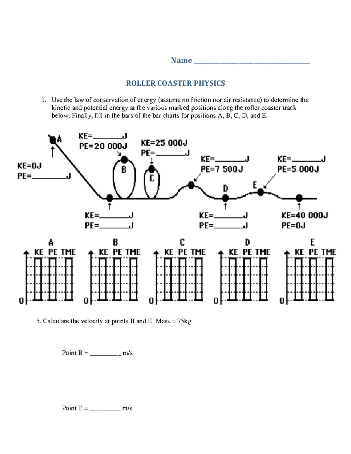 Roller coaster energy Worksheet - Name ...