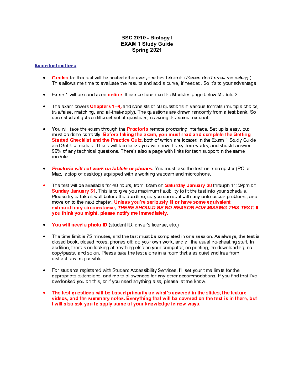 Bio 1 Exam 1 Study Guide - Spring 2021 - BSC 2010 - Biology I EXAM 1 ...