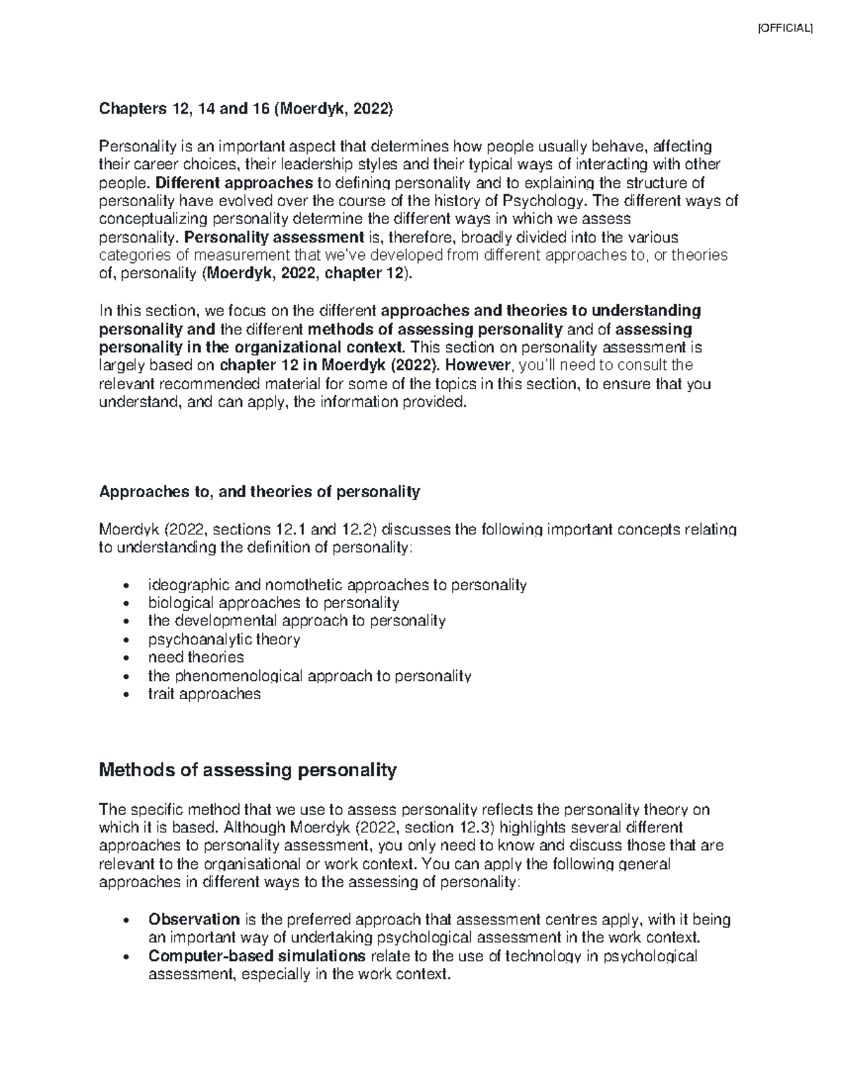 Chapters 12, 14 and 16 (Moerdyk, 2022)-IOP4861 - Chapters 12, 14 and 16 ...