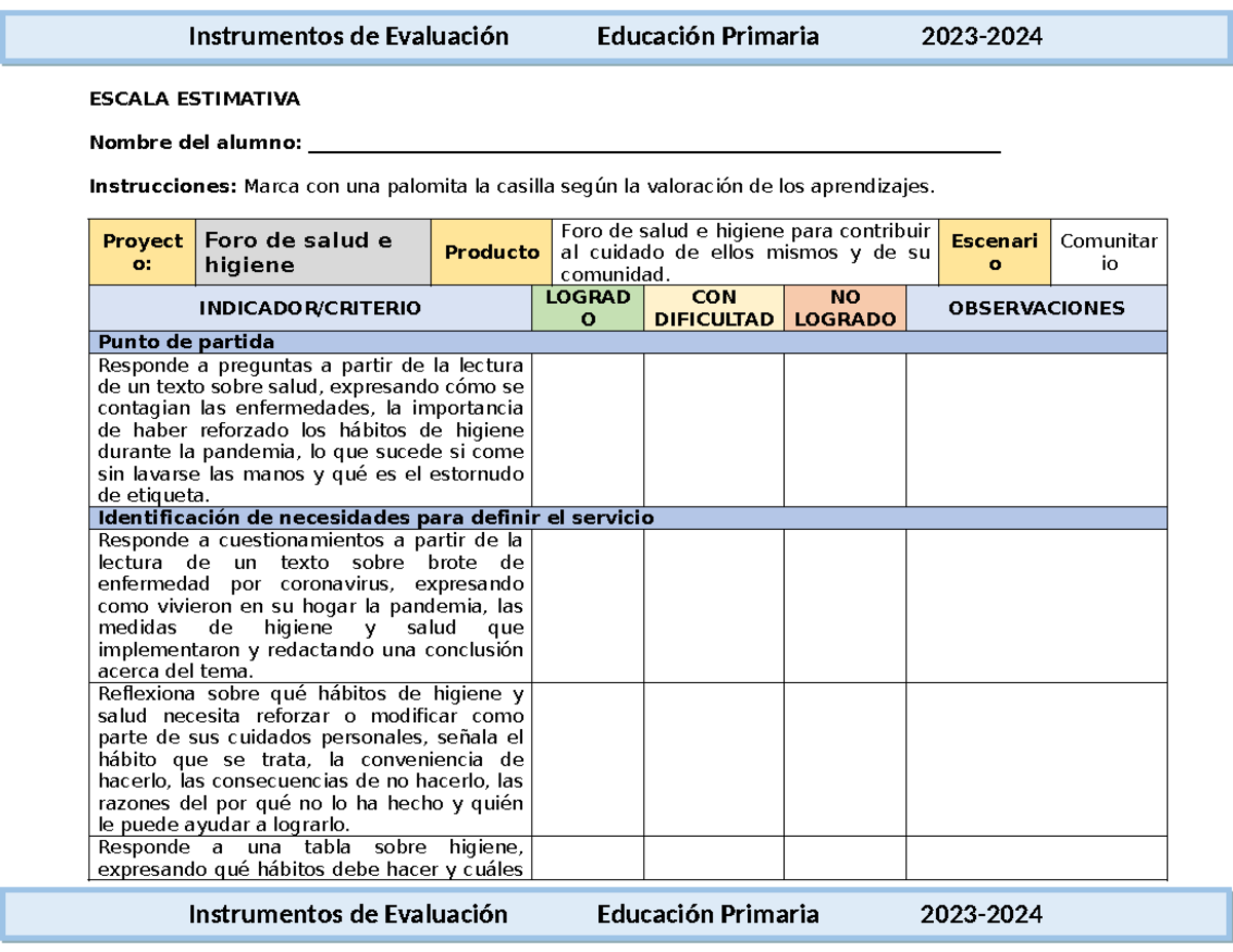 5to Grado Mayo - Instrumentos de Evaluaci¢n (2023-2024) - ESCALA ESTIMATIVA Nombre del alumno ...