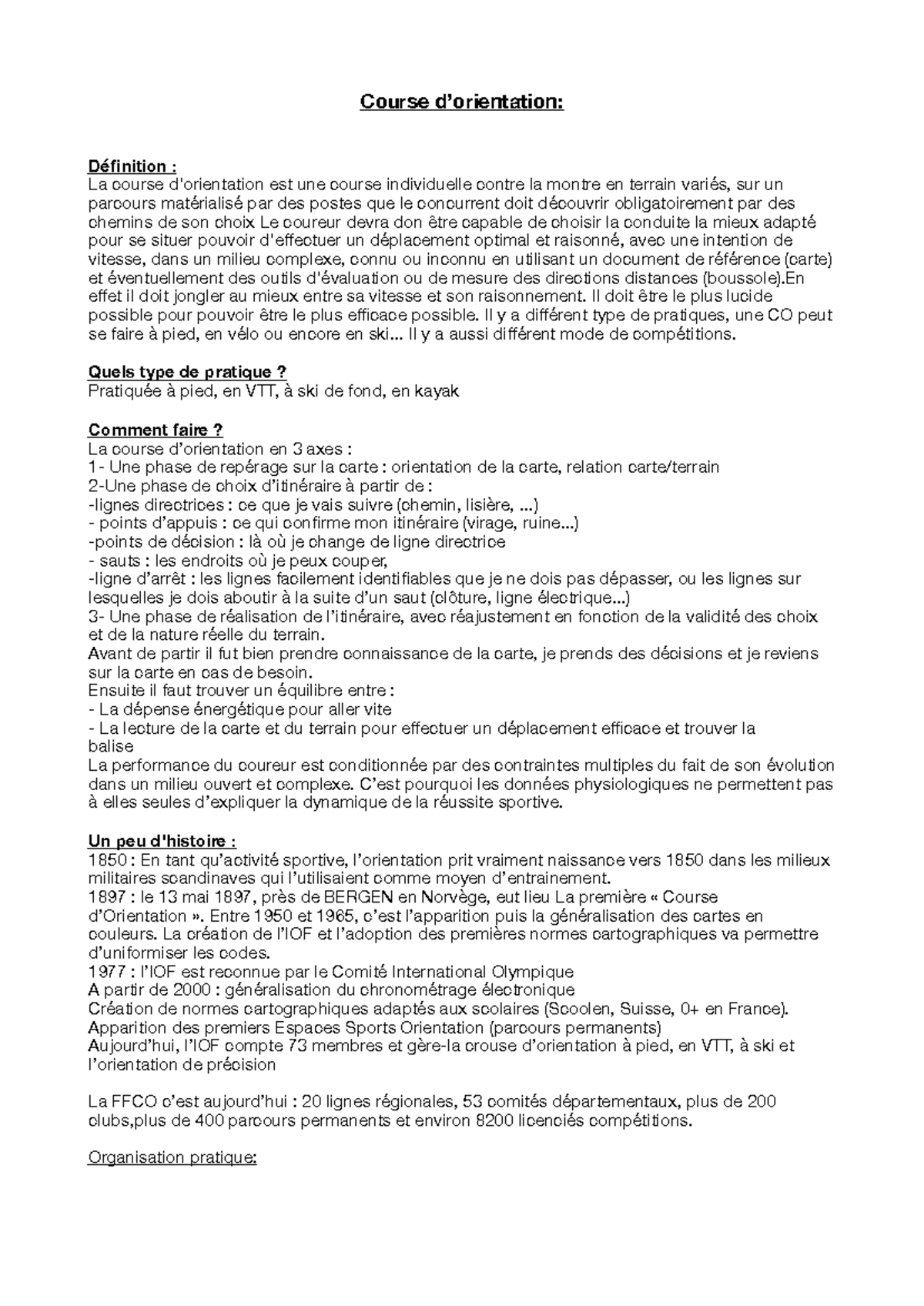 CM1 CO - cm co - Course d’orientation: Définition : La course d ...