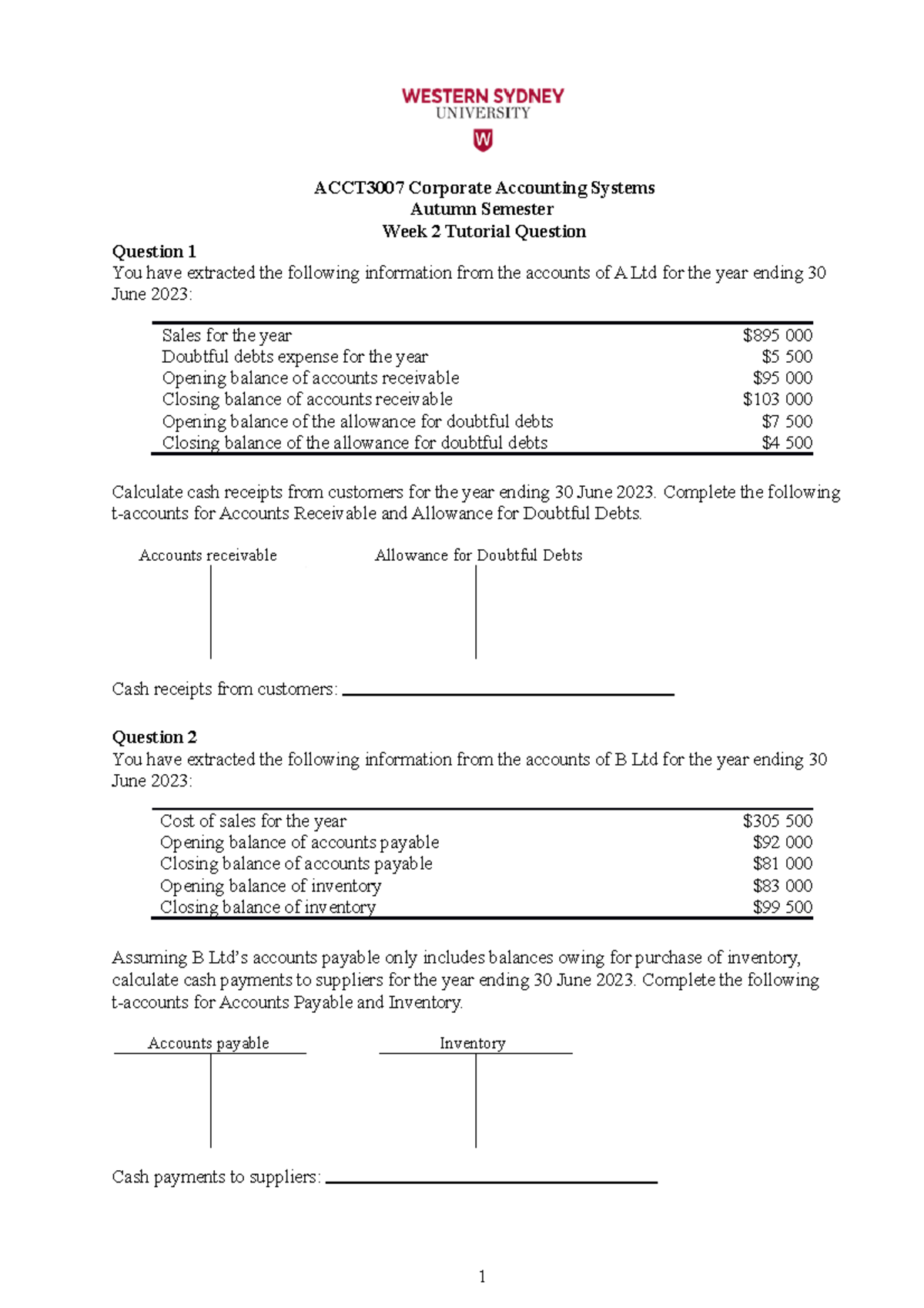 ACCT3007 Week 2 Tutorial Question(1) - ACCT3007 Corporate Accounting ...