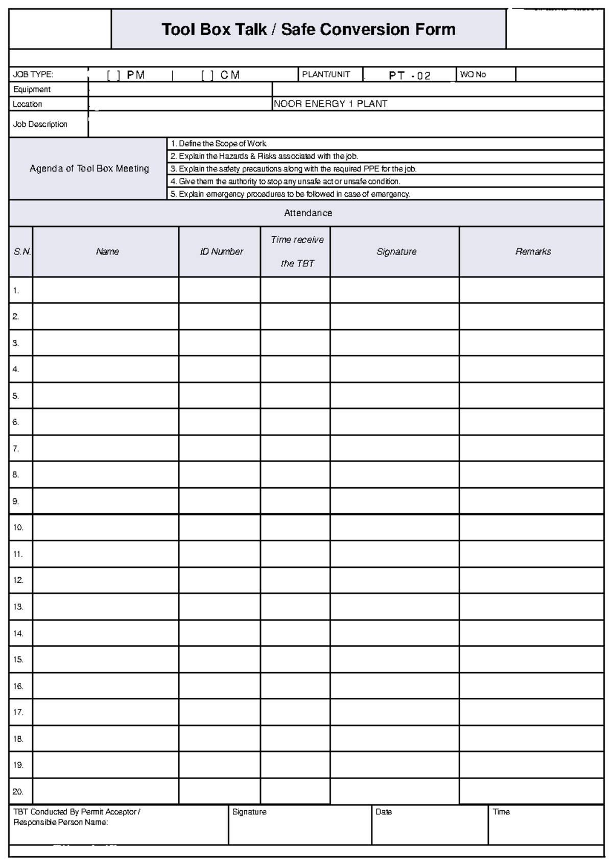 TBT Template - Tool Box Talk / Safe Conversion Form RA JOB TYPE ...