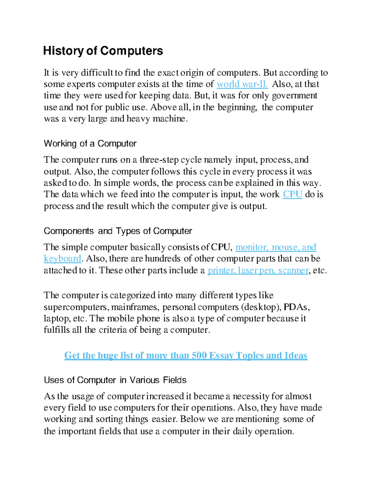 History of Computers - Lecture notes 8 - History of Computers It is ...