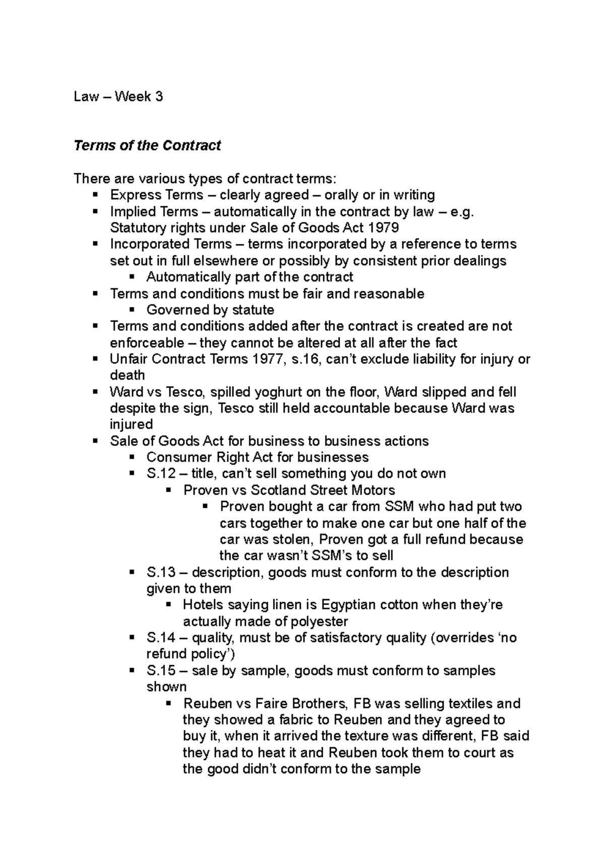 Terms in Contracts - Law – Week 3 Terms of the Contract There are ...