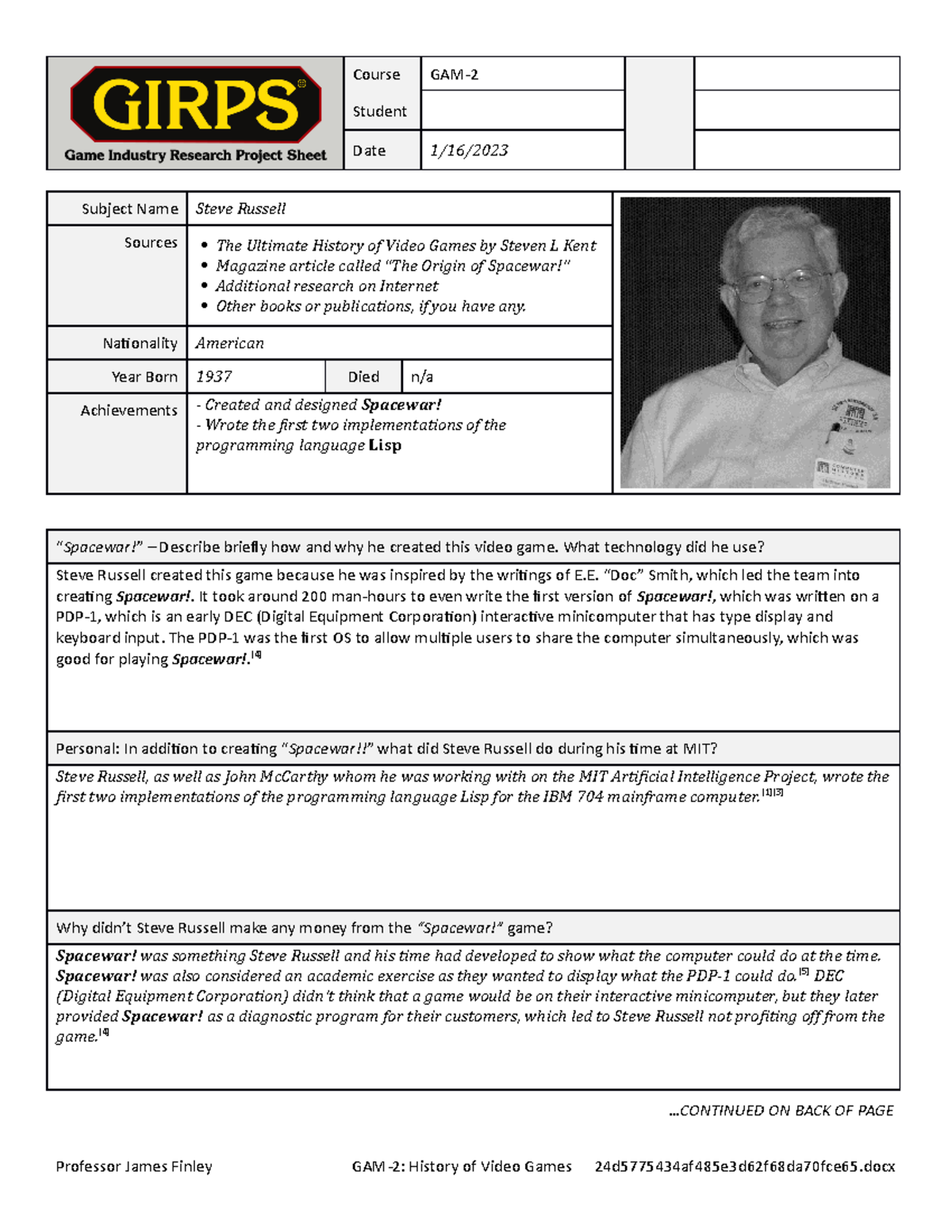 GAM 21 (GAM 2) - GIRPS Steve Russell - Course GAM- Student Date 1/16 ...