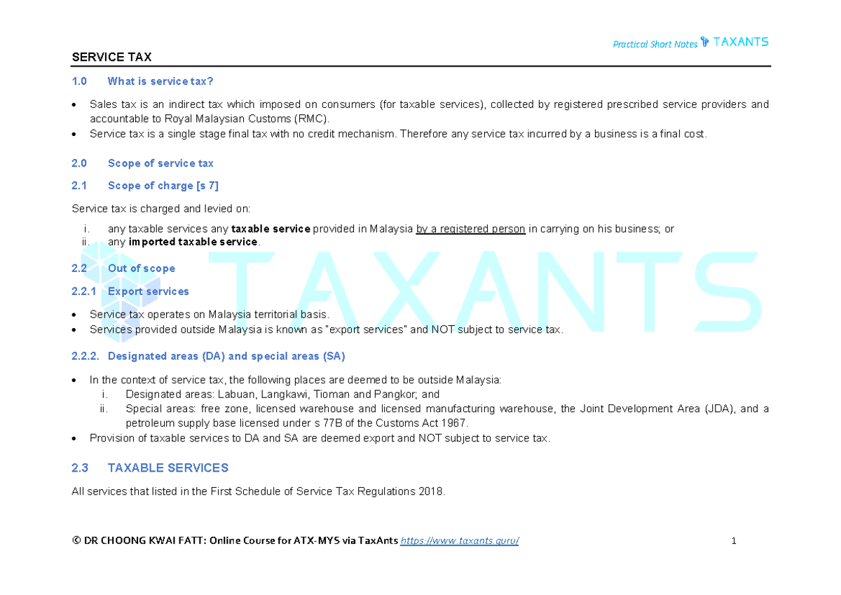 20 Service Tax Notes - SERVICE TAX 1 What is service tax? Sales tax is ...