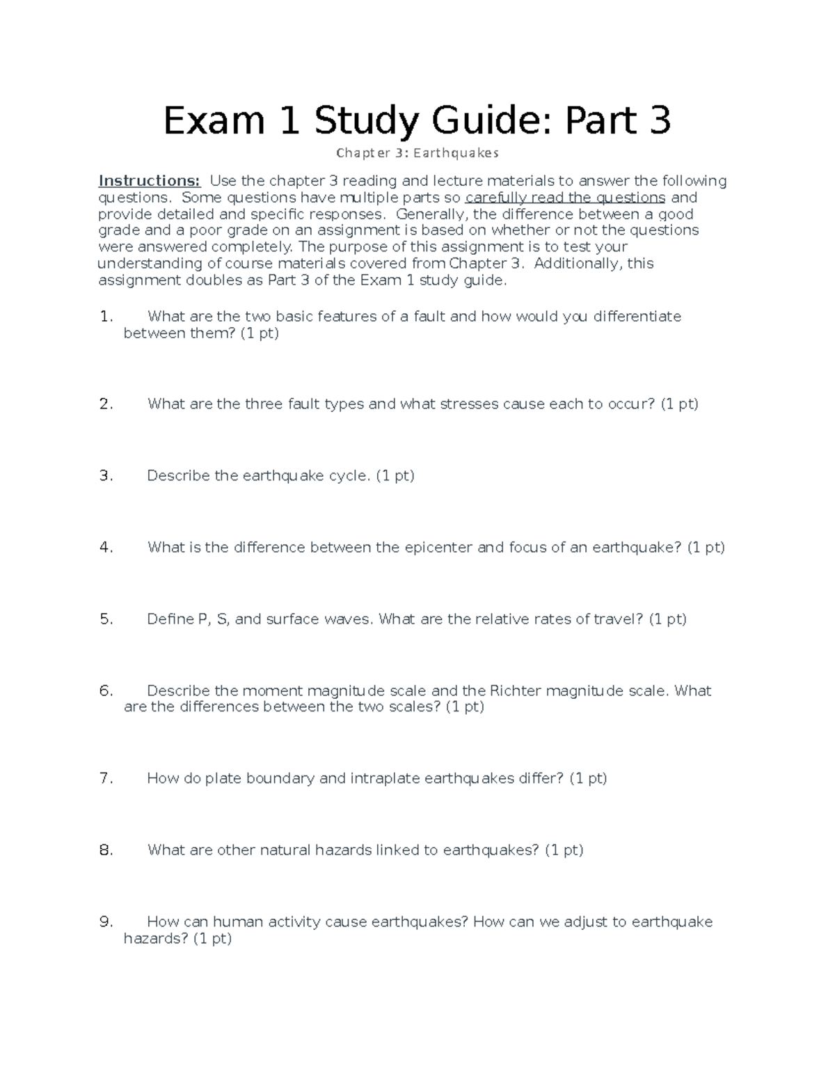 Study Guide Chapter 3 - Exam 1 Study Guide: Part 3 Chapter 3: Earthquakes Instructions: Use the ...
