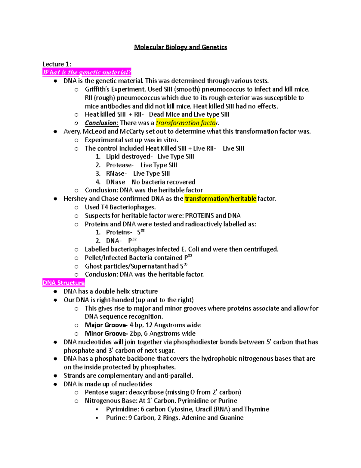 BIOL-203 Notes - Molecular Biology and Genetics Lecture 1: What is the ...