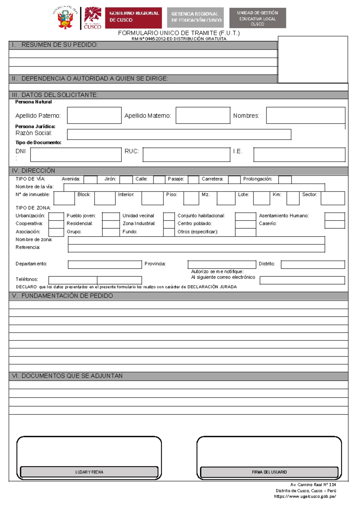 FUT UGEL Cusco - FORMULARIO UNICO DE TRAMITE (F.U.) RM N° 0445-2012-ED DISTRIBUCIÓN GRATUITA I ...