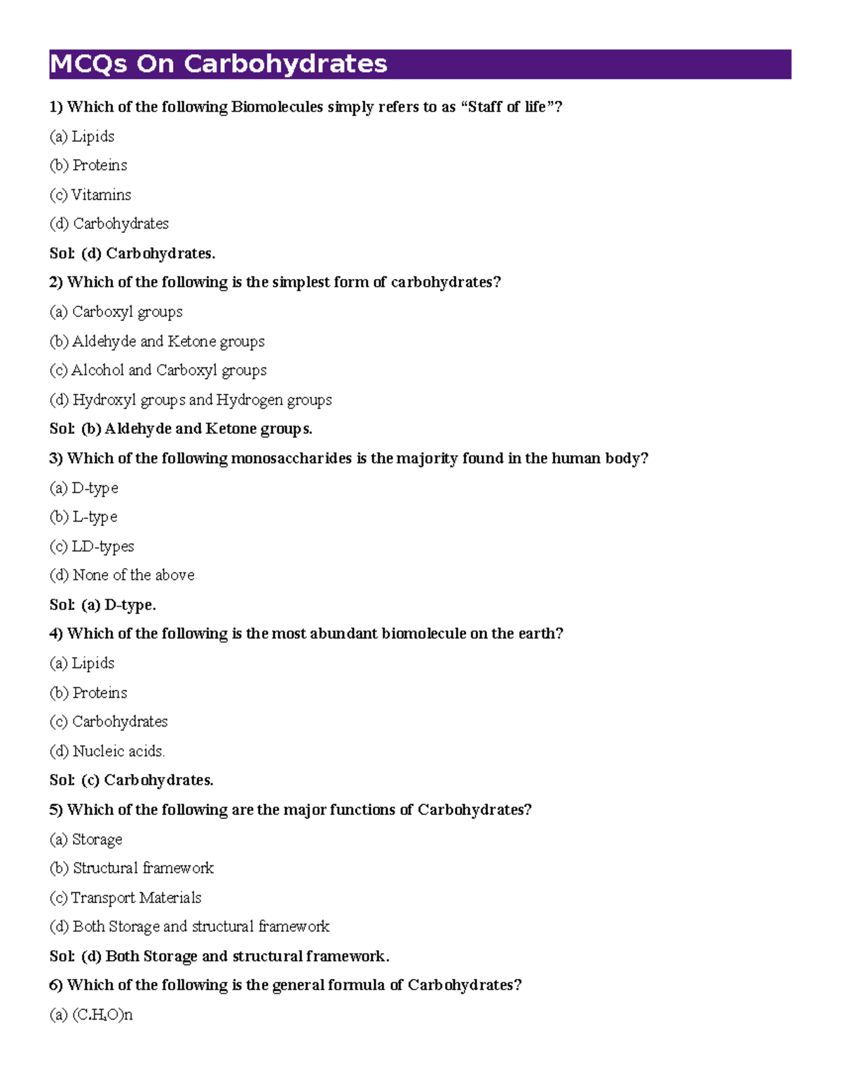 Biochemistry Carbohydrate MCQ - MCQs On Carbohydrates Which of the ...
