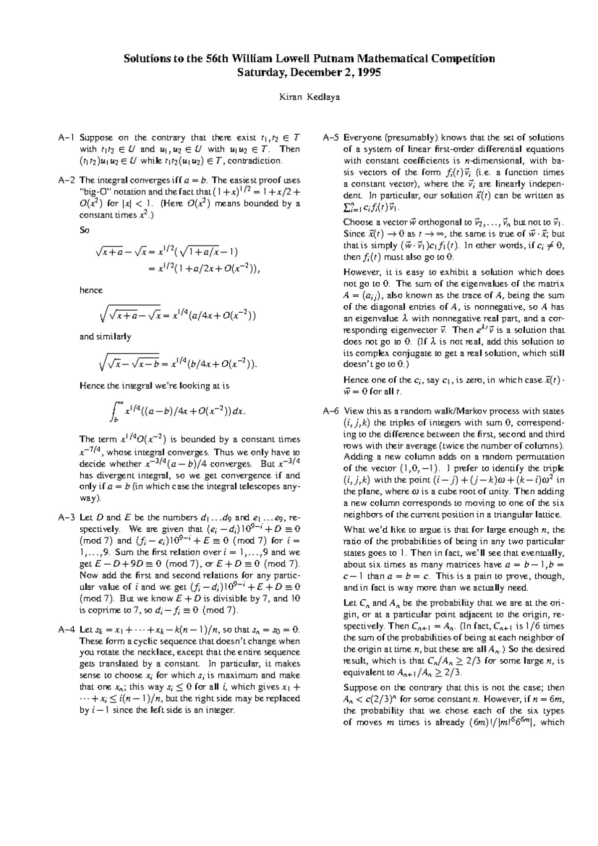 1995s - Solutions to the 56th William Lowell Putnam Mathematical ...