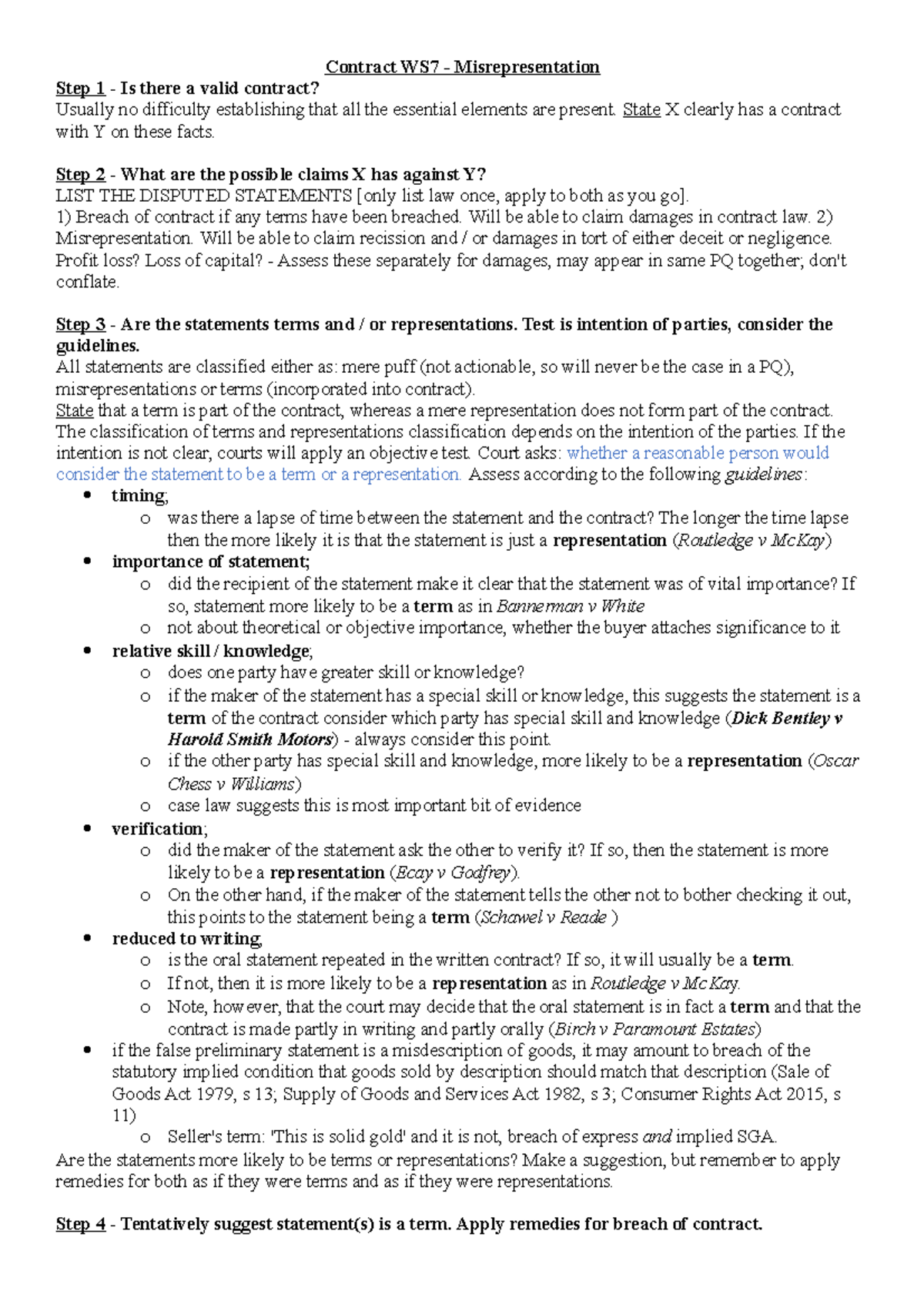 Contract WS7 Cheat Sheet - Contract WS7 - Misrepresentation Step 1 - Is ...