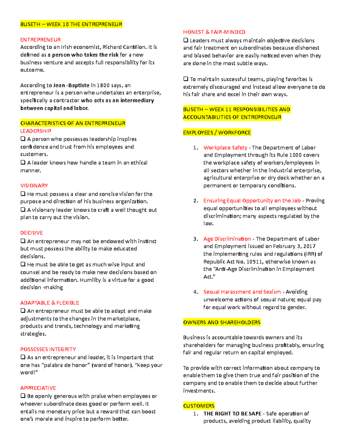 Business Ethics 4TH Quarter Notes - BUSETH – WEEK 10 THE ENTREPRENEUR ...