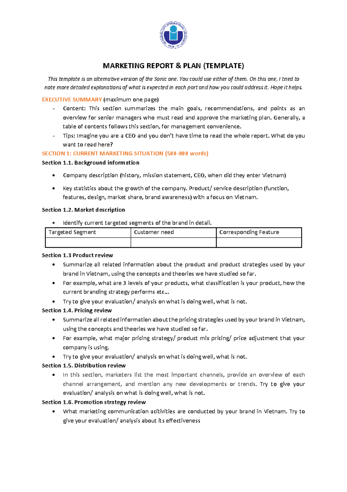 Sample Plan with Explanation - MARKETING REPORT & PLAN (TEMPLATE) This ...